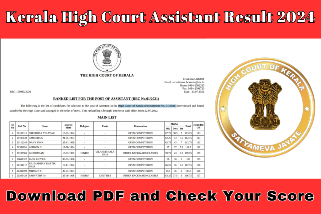 Kerala High Court Assistant Result 2024: Download PDF and Check Your Score